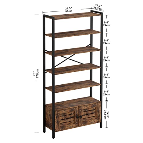 IRONCK Bookshelf and Bookcase with Adjustable 5 Shelves, 70" H x 31.5" W Wide Bookshelves with Door and Wheels, Vintage Brown