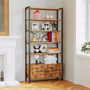 IRONCK Bookshelf and Bookcase with Adjustable 5 Shelves, 70" H x 31.5" W Wide Bookshelves with Door and Wheels, Vintage Brown