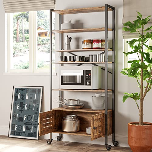 IRONCK Bookshelf and Bookcase with Adjustable 5 Shelves, 70" H x 31.5" W Wide Bookshelves with Door and Wheels, Vintage Brown