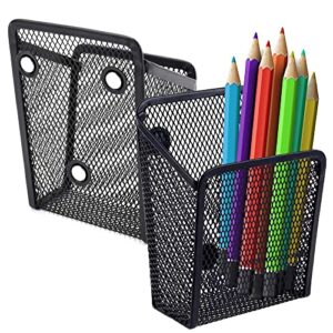 2 pack of magnetic metal mesh pen holder, black stainless steel pencil holder with magnets, basket storage organizer for whiteboard, blackboard, kitchen, locker, home, or office