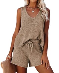 ekouaer womens fashion knit pajama set 2 piece outfits v-neck sleeveless tank top and drawstring shorts lounge set tracksuit