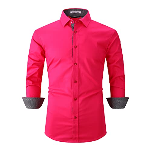 Esabel.C Mens Casual Button Down Shirts Rugular Fit Long Sleeve Fashion Shirts,Rose,L