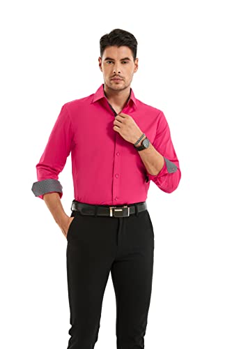 Esabel.C Mens Casual Button Down Shirts Rugular Fit Long Sleeve Fashion Shirts,Rose,L