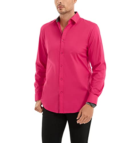 Esabel.C Mens Casual Button Down Shirts Rugular Fit Long Sleeve Fashion Shirts,Rose,L