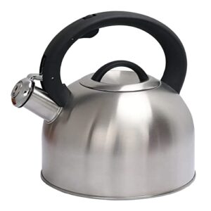 starbbq 2.64 quart whistling tea kettle for stove top, stainless steel teapot for stove top with brushed black handle and one-touch open and close button