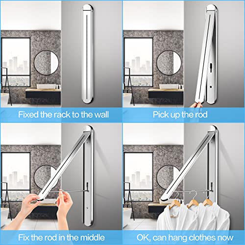 ENKUY Clothes Drying Rack Folding Clothes Rack Wall Mounted Retractable Clothing Dryer Hanger for Laundry Room Organization, Bathroom, Garage, Indoor and Outdoor Universal (Silver)