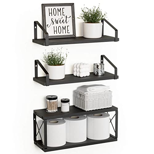 RICHER HOUSE 2-in-1 Floating Shelves Wall Mounted Set of 3, Rustic Wood Bathroom Shelves Over Toilet, Black Shelves for Wall Decor with Paper Storage for Bathroom, Bedroom, Kitchen - Black