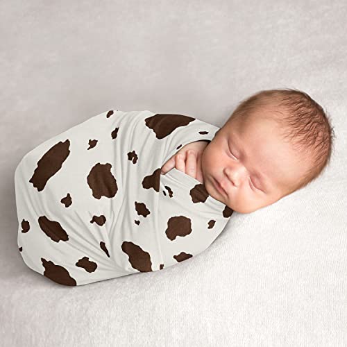 Sweet Jojo Designs Western Cow Print Boy or Girl Swaddle Blanket Jersey Stretch Knit for Newborn Infant Receiving Security - Brown and Cream Off White Gender Neutral Wild West Southern Country Animal