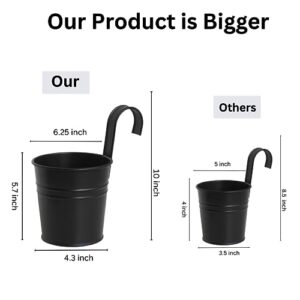 GARDEN4LIFE 6.25 Inch Large Iron Hanging Plant Pot Set - Planters for Indoor Plants & Outdoor Flora w/Drainage Hole, Detachable Hook - Ideal Balcony Planters Fence Railing Hanging Pots - 4Pcs Black