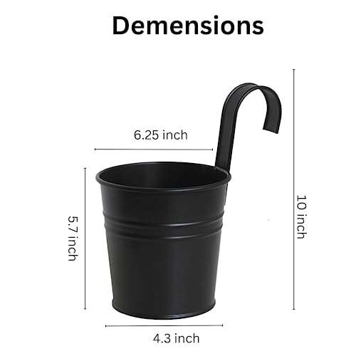 GARDEN4LIFE 6.25 Inch Large Iron Hanging Plant Pot Set - Planters for Indoor Plants & Outdoor Flora w/Drainage Hole, Detachable Hook - Ideal Balcony Planters Fence Railing Hanging Pots - 4Pcs Black