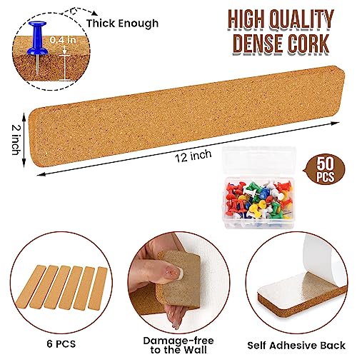 6 Pack Cork Board Strips, Self Adhesive Small Cork Board for Wall Desk Home Classroom Office with 50 Push Pins for Paste Notes, Photos, Schedules