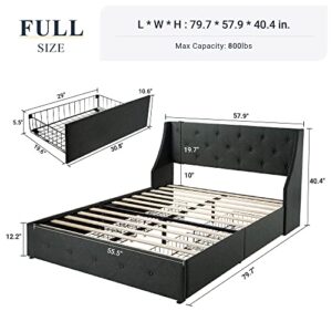 Allewie Full Size Bed Frame with 4 Storage Drawers and Wingback Headboard, Button Tufted Design, No Box Spring Needed, Dark Grey