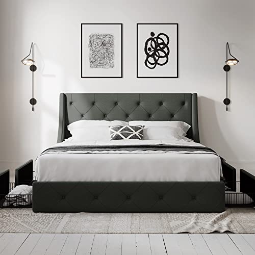 Allewie Full Size Bed Frame with 4 Storage Drawers and Wingback Headboard, Button Tufted Design, No Box Spring Needed, Dark Grey