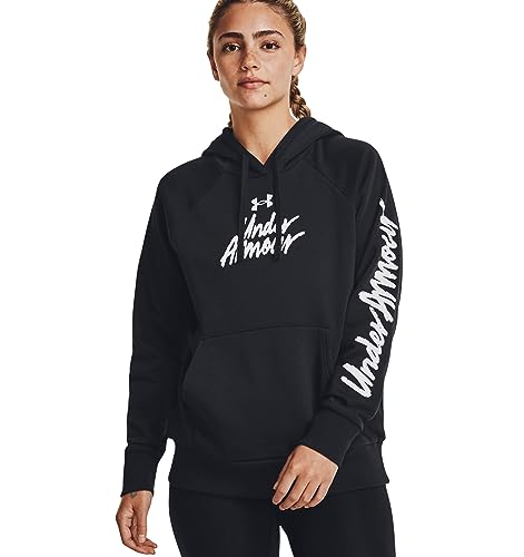 Under Armour Women's Standard Rival Fleece Graphic Hoodie, (001) Black / / White, X-Large