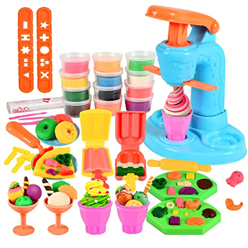 Play Dough for Kids, Dear Deer 34 Pcs Kids Ice Cream Maker Playdough Sets Ice Cream Maker Machine Play Dough Tools with 12 Clay Dough, 3 4 6 8 Years Old Boys and Girls Dough Birthday Gift