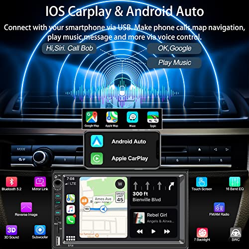 Double Din Car Stereo Compatible with Voice Control Apple Carplay&Android Auto-7 Inch HD LCD Touchscreen Monitor,Mirror Link,Subwoofer,Backup Camera,Bluetooth,AM/FM Car Radio,USB/TF/AUX Port,SWC,Gifts