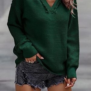 PRETTYGARDEN Women’s Casual Long Sleeve V Neck Hoodie Loose Slouchy Jumper Tops Ribbed Knitted Sweater (Dark Green, Large)