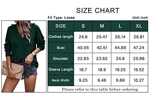 PRETTYGARDEN Women’s Casual Long Sleeve V Neck Hoodie Loose Slouchy Jumper Tops Ribbed Knitted Sweater (Dark Green, Large)