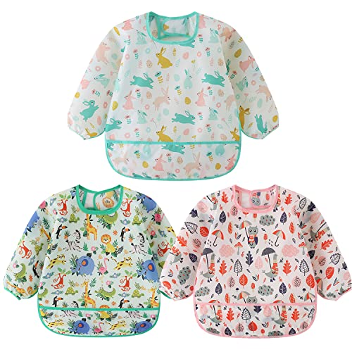 Haimoburg 3 Pcs Waterproof Long Sleeves Baby Bibs Weaning Smock Bib 3-24 Months