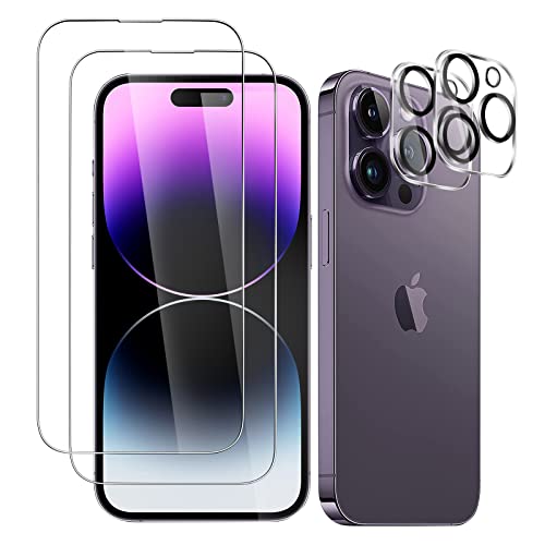 2 Pack Tempered Glass Designed for iPhone 14 Pro Max Screen Protector with 2 Pack Camera Lens Protector Anti Scratch 9H Hardness Ultra Transparent HD Clear Compatible for iPhone 14 Pro Max