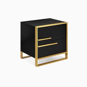 HERNEST Modern Nightstand Storage Cabinet with Solid Wood 2 Drawers Sofa Bedside End Table Glam Steel Frame Accent Furniture Without Assembly for Bedroom/Living Room/Salon/Office, Left Black