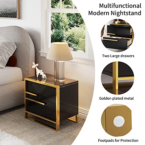 HERNEST Modern Nightstand Storage Cabinet with Solid Wood 2 Drawers Sofa Bedside End Table Glam Steel Frame Accent Furniture Without Assembly for Bedroom/Living Room/Salon/Office, Left Black