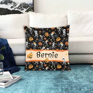 Personalized Halloween Throw Pillow Cases with Name, Spider Webs Spooky Skull Cute Pumpkin Halloween Decoration, Customized Pillow Cushion Covers Beding for Adults Kids Boys Girls 18"x18"