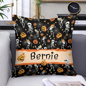 Personalized Halloween Throw Pillow Cases with Name, Spider Webs Spooky Skull Cute Pumpkin Halloween Decoration, Customized Pillow Cushion Covers Beding for Adults Kids Boys Girls 18"x18"