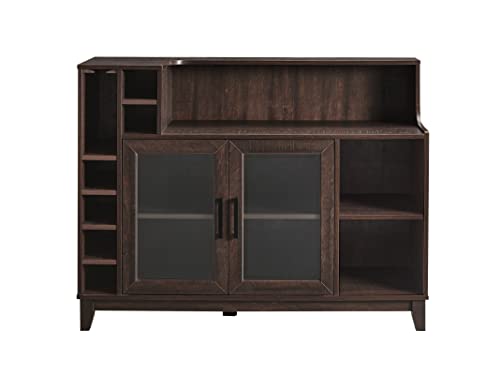 Home Source 36.6" Modern Home Bar Ensemble: Coffee Bar Shelves, Sideboard Cabinet, and Bar Console Cabinet with Glass Hanging Space Rack (Mahogany)