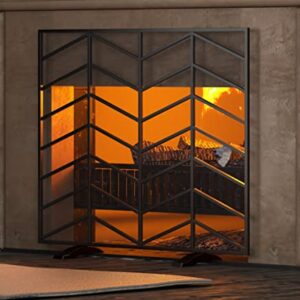 Fire Beauty Single Panel Handcrafted Wrought Iron Mesh Chevron Fireplace Screen, Fire Spark Guard for Living Room, Bedroom Décor