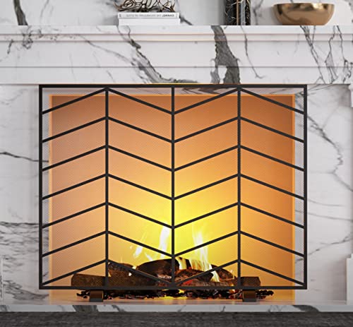 Fire Beauty Single Panel Handcrafted Wrought Iron Mesh Chevron Fireplace Screen, Fire Spark Guard for Living Room, Bedroom Décor