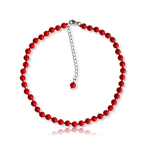 MGR MY GEMS ROCK! Beaded Semi Precious Stone Red Sea-bamboo Coral Collar or Choker Short Dainty Necklace for Women or Girls, 14.50" Long with 3" Extender.