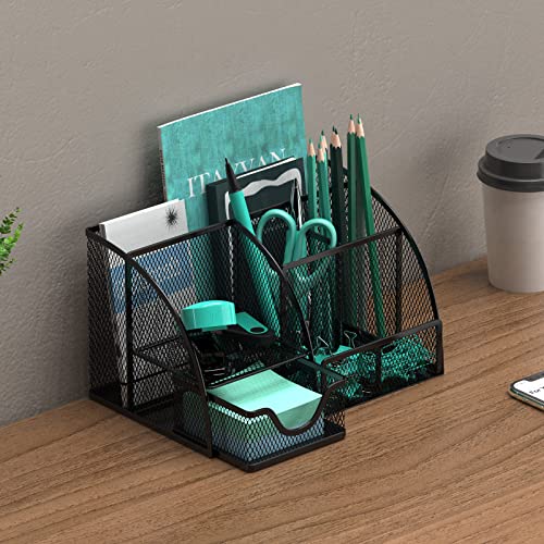 ITAYVAN Desk Organizers, Office Supplies Pencil holder with 6 Compartments and 1 Sliding Drawer, Mesh Desktop Organizer for Office, Home, Classroom and School