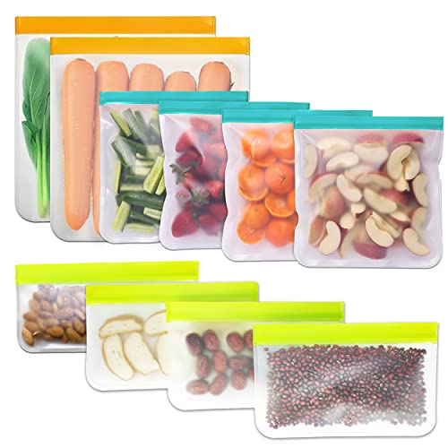 Reusable Food Storage Bags - 10pack BPA FREE Ziplock/Freezer Bags(2 Reusable Gallon Bags & 4 Sandwich Bags & 4 Snack Bags) EXTRA THICK Leakproof Silicone Lunch Bag for Food Meat Fruit Veggies