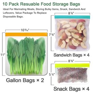 Reusable Food Storage Bags - 10pack BPA FREE Ziplock/Freezer Bags(2 Reusable Gallon Bags & 4 Sandwich Bags & 4 Snack Bags) EXTRA THICK Leakproof Silicone Lunch Bag for Food Meat Fruit Veggies