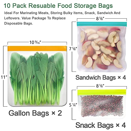 Reusable Food Storage Bags - 10pack BPA FREE Ziplock/Freezer Bags(2 Reusable Gallon Bags & 4 Sandwich Bags & 4 Snack Bags) EXTRA THICK Leakproof Silicone Lunch Bag for Food Meat Fruit Veggies