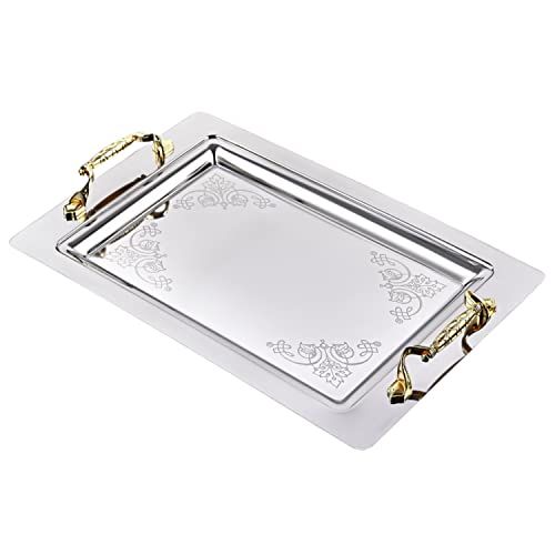 Candymosa Silver Serving Tray with Handles (14”x9”) - Stainless Steel Serving Tray for Drinks and Food - Silver Tray Decorative - Ideal as a Coffee Tray, Bar Tray, Silver Platter or Turkish Tray