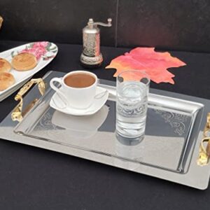 Candymosa Silver Serving Tray with Handles (14”x9”) - Stainless Steel Serving Tray for Drinks and Food - Silver Tray Decorative - Ideal as a Coffee Tray, Bar Tray, Silver Platter or Turkish Tray