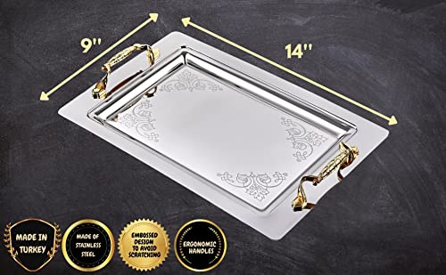 Candymosa Silver Serving Tray with Handles (14”x9”) - Stainless Steel Serving Tray for Drinks and Food - Silver Tray Decorative - Ideal as a Coffee Tray, Bar Tray, Silver Platter or Turkish Tray