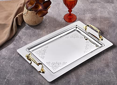 Candymosa Silver Serving Tray with Handles (14”x9”) - Stainless Steel Serving Tray for Drinks and Food - Silver Tray Decorative - Ideal as a Coffee Tray, Bar Tray, Silver Platter or Turkish Tray