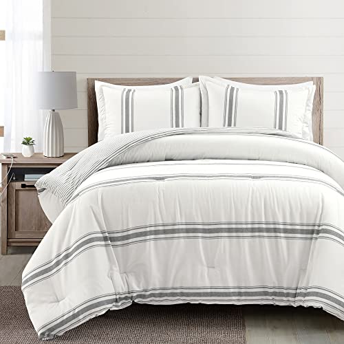 Lush Decor Farmhouse Stripe 3 Piece Reversible Comforter Bedding Set, California King, Dark Gray