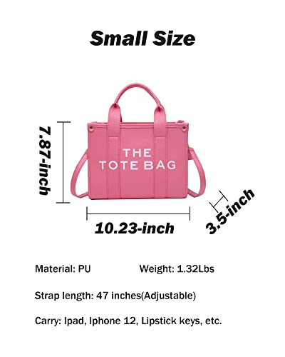 NEGBIU Tote Bags for Women, Leather Mini Tote Bag with Zipper, Shoulder/Crossbody/Handbag（10.2 * 7.8 * 3.5in (Rose Red)