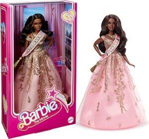 barbie the movie doll, president barbie collectible wearing shimmery pink and gold dress with sash (amazon exclusive)