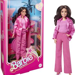 Barbie The Movie Doll, Gloria Collectible Wearing Three-Piece Pink Power Pantsuit with Strappy Heels and Golden Earrings