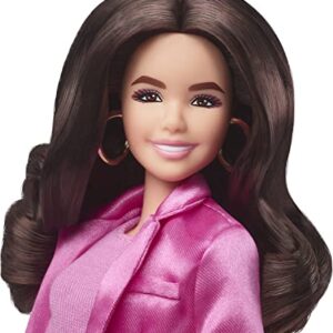 Barbie The Movie Doll, Gloria Collectible Wearing Three-Piece Pink Power Pantsuit with Strappy Heels and Golden Earrings