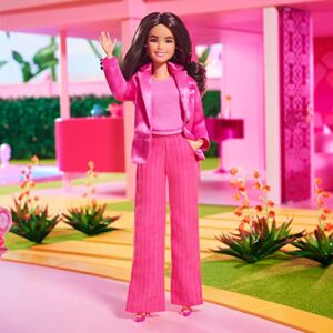 Barbie The Movie Doll, Gloria Collectible Wearing Three-Piece Pink Power Pantsuit with Strappy Heels and Golden Earrings