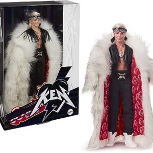 Barbie The Movie Collectible Ken Doll Wearing Big Faux Fur Coat and Black Fringe Vest with Bandana