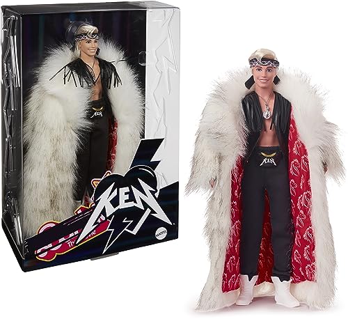 Barbie The Movie Collectible Ken Doll Wearing Big Faux Fur Coat and Black Fringe Vest with Bandana