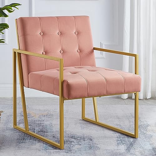 24KF Modern Blush Velvet Button Tufted Accent Chair with Golden Metal Stand, Decorative Furniture Chairs for Living Room Bedroom - Blush