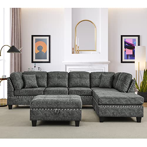 UBGO Living Room Furniture Sets,L-Shaped 2 Small Pillows&Storage Ottoman,Sectional 3-Seaters Sofa with Extra Wide Reversible Chaise,Upholstered Couch for Large Space Apartments, Gray i